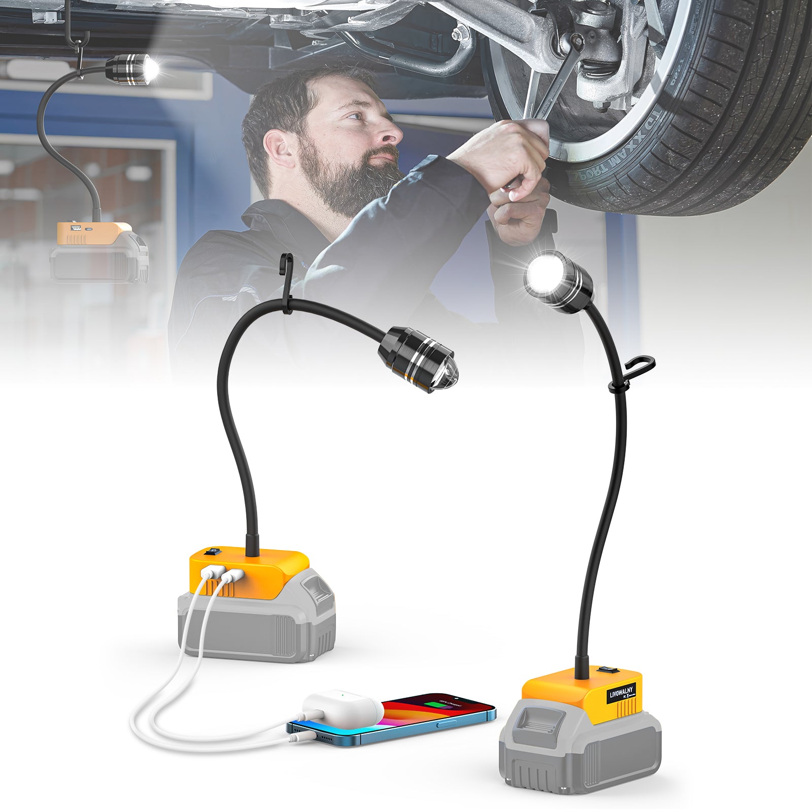 LIVOWALNY 2PCS LED Work Light for Dewalt 20V Battery, 20W 2000LM Flexi ...