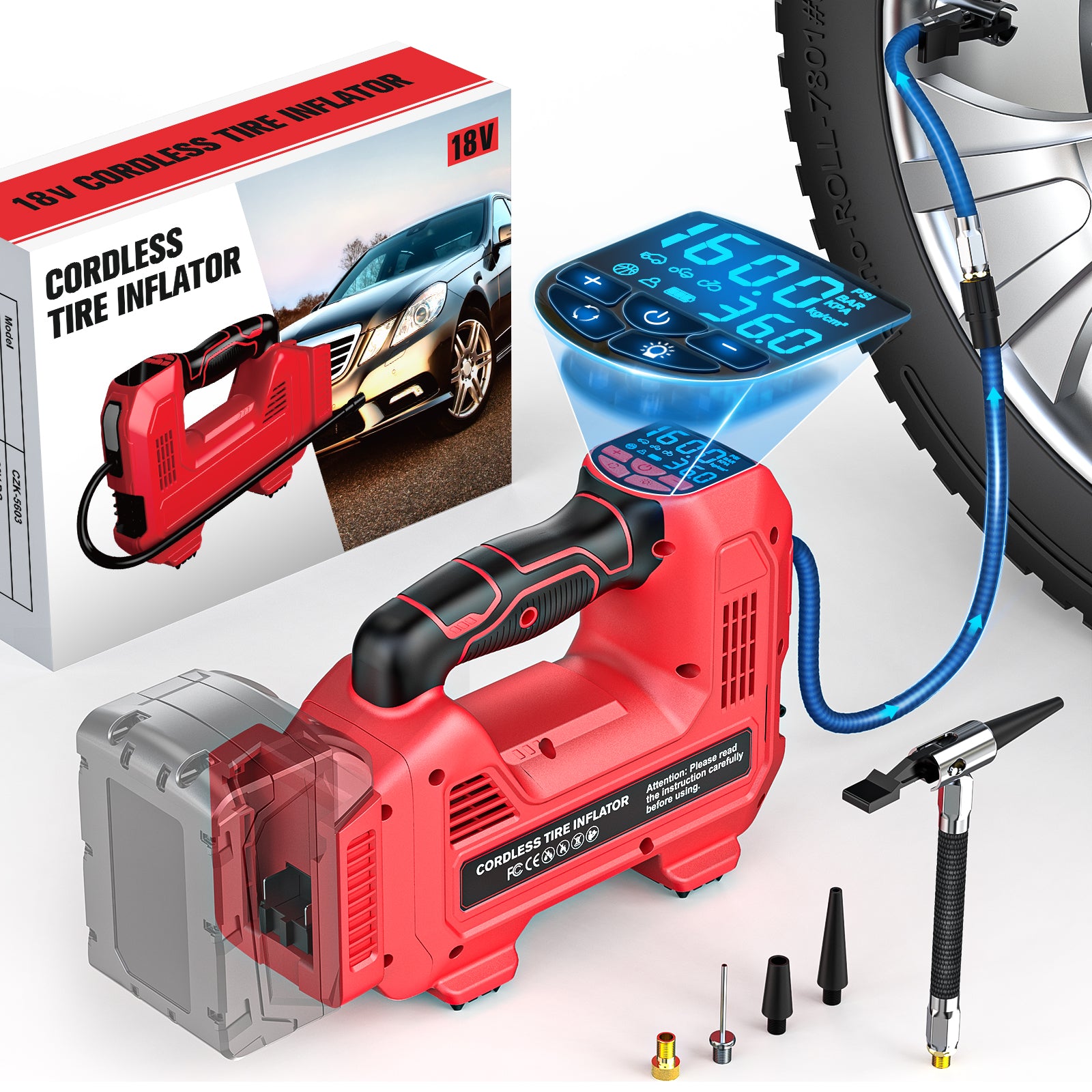 Livowalny Cordless Car Air Pump for Milwaukee 18V Battery Portable Handheld Air Pump with Digital Pressure Gauge